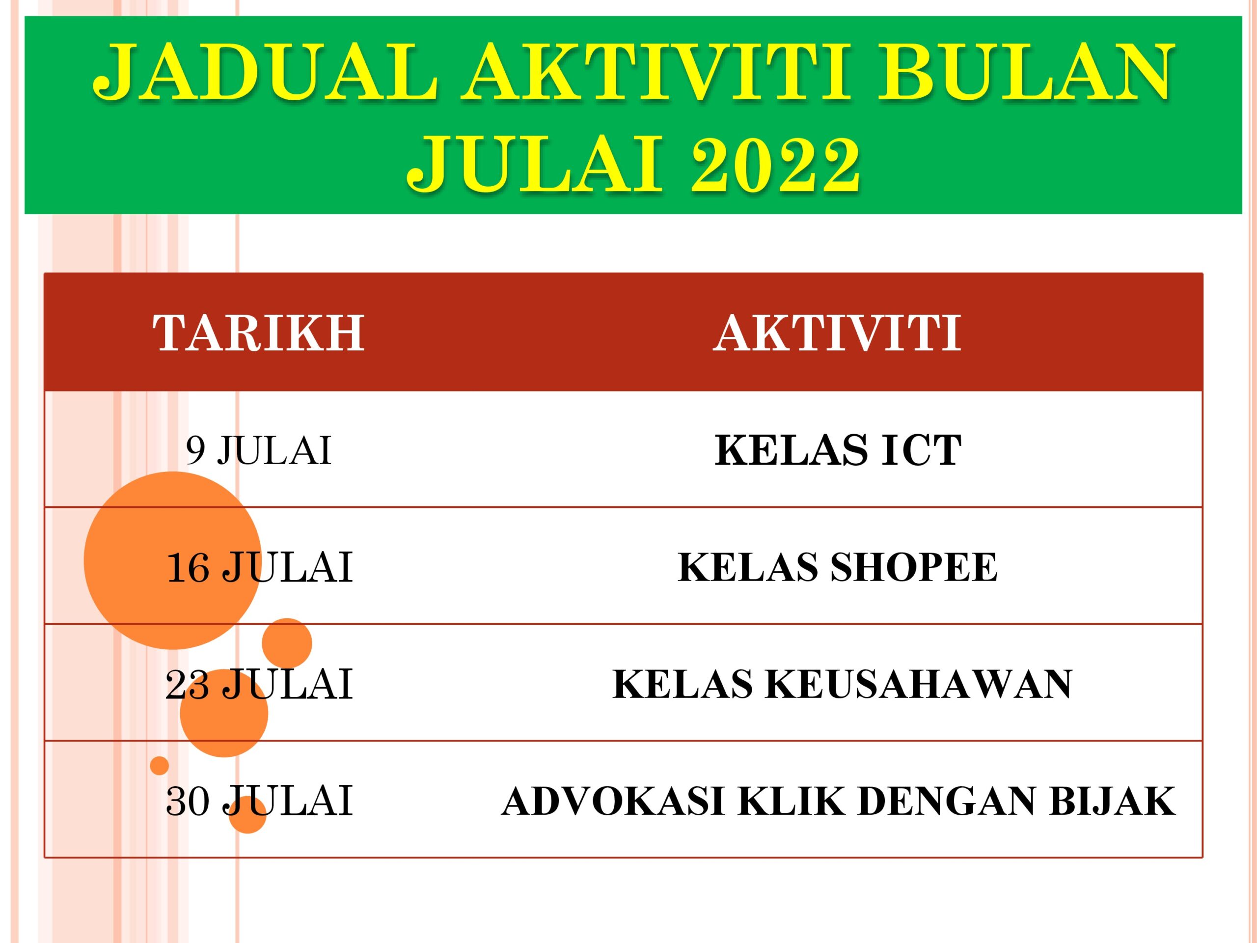Jadual Aktiviti Bulan Julai 2022 – NADI Pekan Jakar Sarikei
