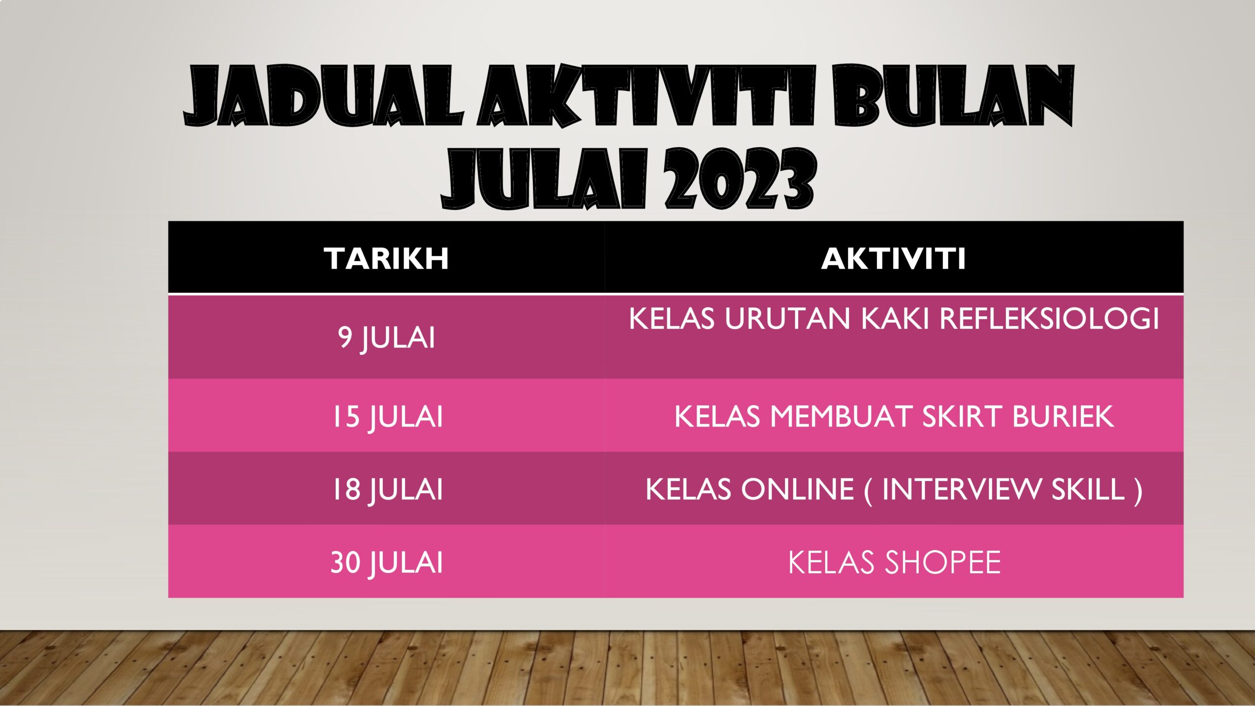 Jadual Aktiviti Bulan Julai 2023 – NADI Pekan Jakar Sarikei